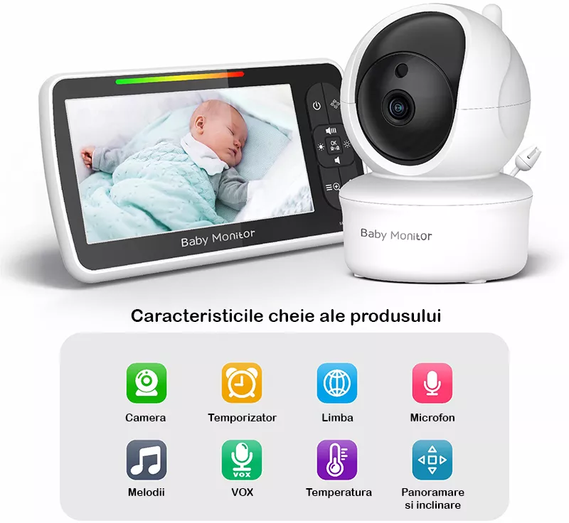 Sistem monitorizare Baby Cam1080P wireless monitor color 5 inch rotire ...