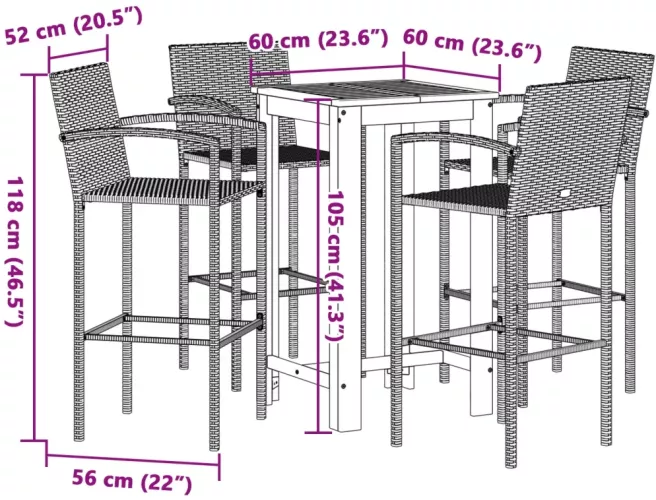 VidaXL Set bar de gradina 5 piese maro lemn masiv acacia/ poliratan ...