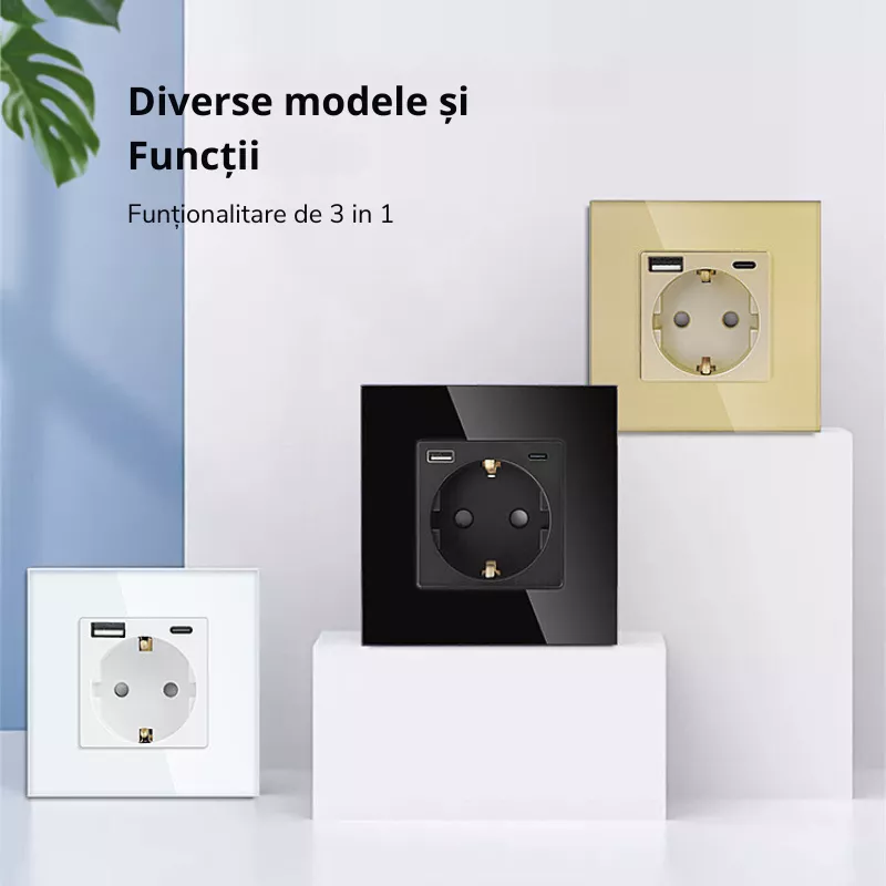 Priza Neagra cu rama de Sticla cu port USB A+C securizata 16A 0765464750211