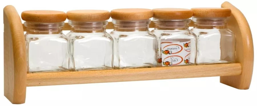 Suport raft pentru condimente cu 5 recipiente din sticla max ...
