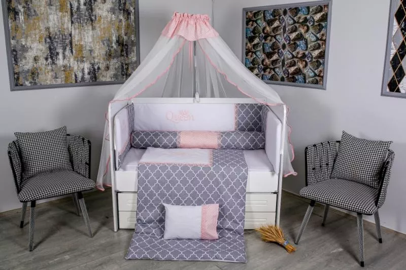 Lenjerie MyKids 10 piese Queen gri-roz cu baldachin 120x60 cm 00081650 ...