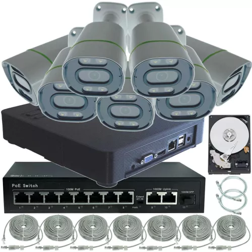 Kit Supraveghere IP PoE cu 7 Camere 8MP 4K Infrarosu si Color Noaptea 30m