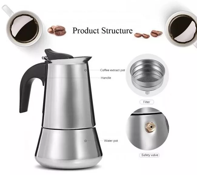 Espressor de cafea pentru aragaz cu 2 cani si suport lemn inox 600ml ...