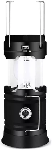 Felinar Camping LED Reincarcabil cu Lanterna Panou Solar USB Negru - cel.ro