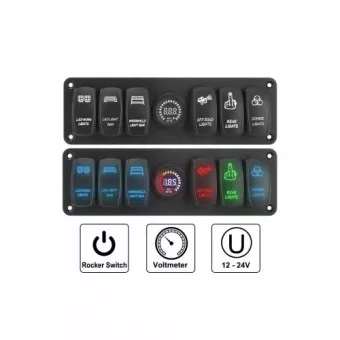 Panou cu 6 butoane luminoase diferite functii + voltmetru 12V-24V
