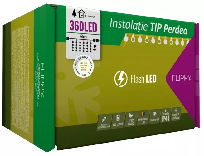 Instalatie Craciun Tip Perdea IP44 6 m x 1 m 360 LED-uri Alb cald cu flash - cel.ro