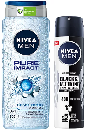 Pachet Nivea Men Gel de dus Pure Impact 500 ml + Deodorant spray Black ...