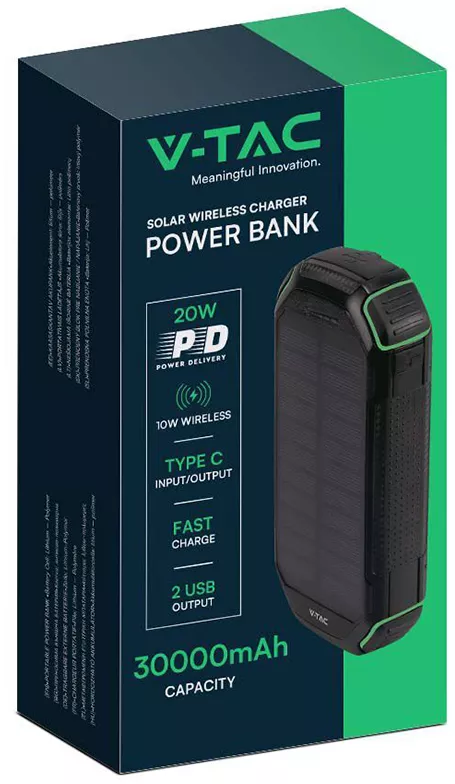 POWER BANK 30000mAh Wireless cu incarcare solara V-TAC SKU-7836 SKU ...