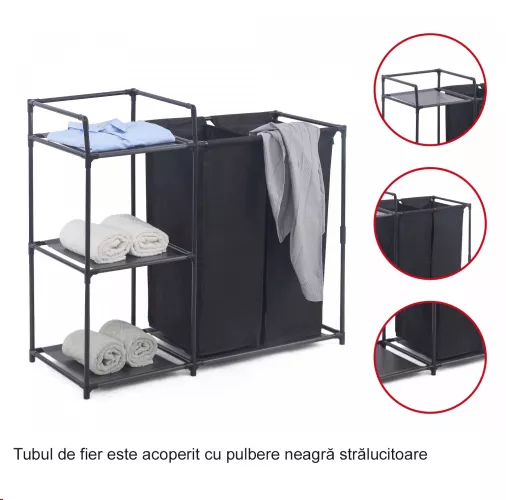 Cos de Rufe cu 2 Saci Detasabili Herzberg 3 Rafturi de Depozitare Negru ...