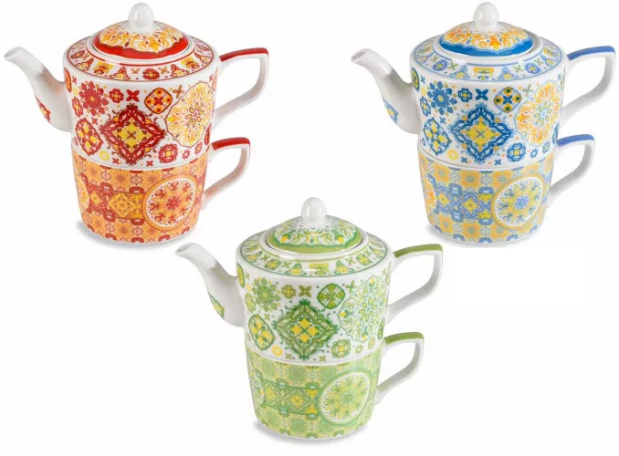 Set 3 ceainice 3 cesti portelan multicolor 17x10x15 cm 450 ml 250 ml ...