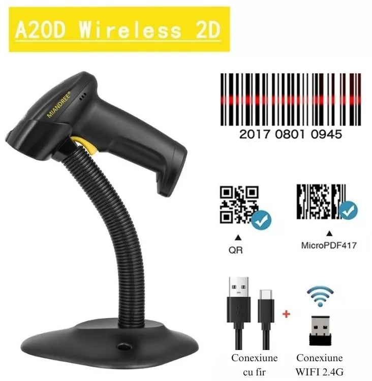 Cititor Coduri de Bare Wireless MIANDREE® 1D/2D Rezolutie 640x480 CMOS ...