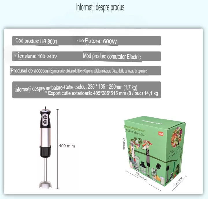 Set Blender vertical profesional 6 in 1 Glory HB-8001 cu putere 600W ...