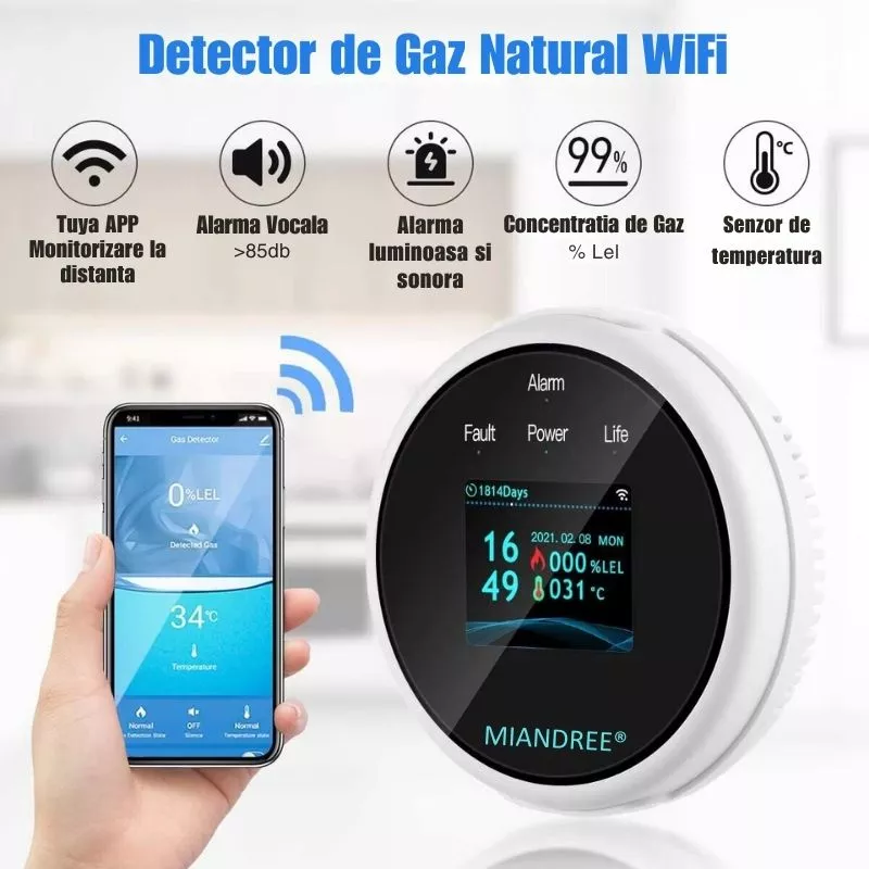 Detector Wi-Fi pentru Gaz Natural si GPL MIANDREE® Smart Semnal Luminos ...