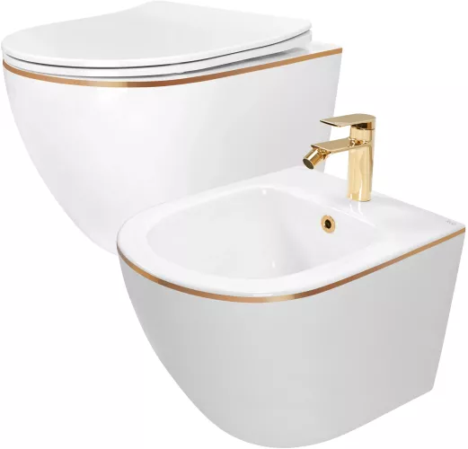 Set vas WC CARLO Mini Flat + bidet CARLO Mini White Gold Edge KPL-C1222 ...