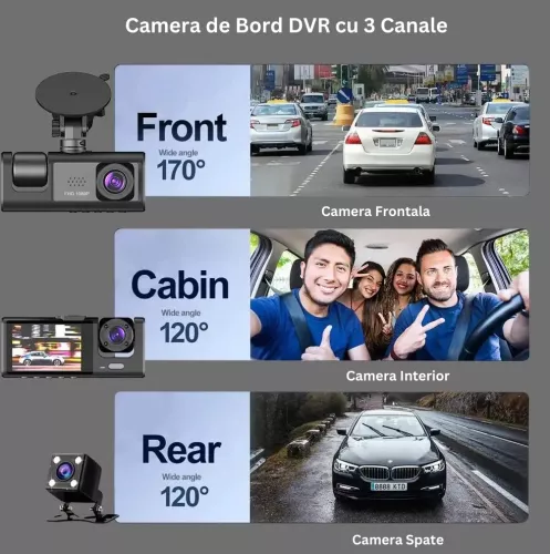 Camera Auto De Bord DVR cu 3 Canale Full HD 1080P 3 Lentile Camp Vizual ...