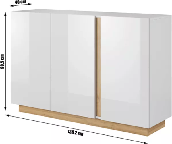 Comoda 3 usi din pal alb stejar Grandson alb lucios City 138x40x91 cm ...