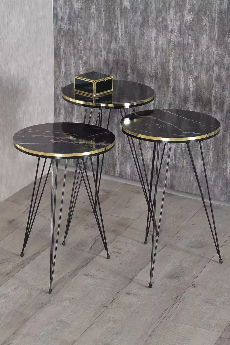 Set 3 masute cafea ZIGON model 1049 cu blat oval negru marmorat cu picior