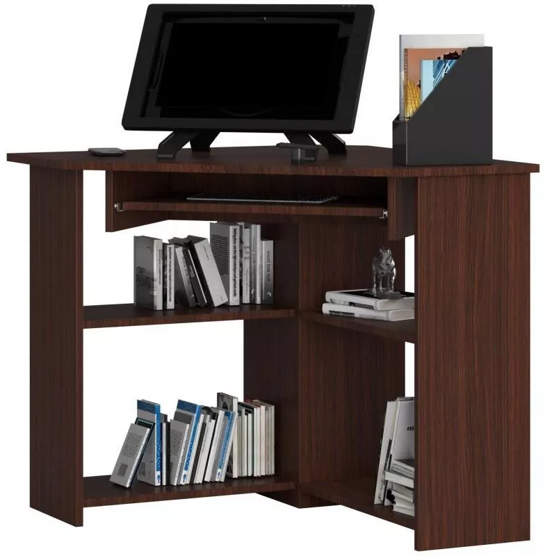 Birou calculator pe colt placa laminata 4 rafturi raft tastatura stejar ...