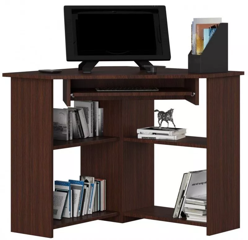 Birou calculator pe colt placa laminata 4 rafturi raft tastatura stejar ...