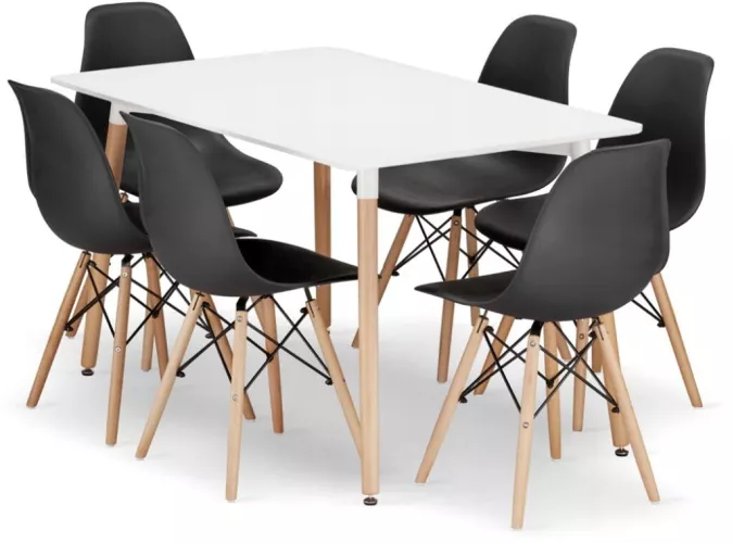 Set masa stil scandinav + 6 scaune Osaka negru Artool MDF alb si lemn ...