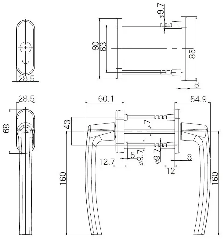 Maner simetric pentru ferestre-usi osciloculisante Roto cu patrat de 100 mm