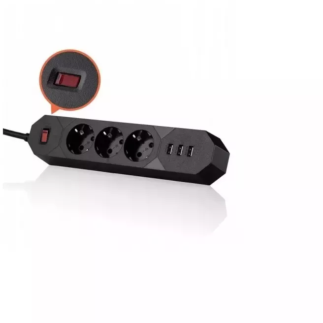Prelungitor cu priza multipla 3 posturi 3 porturi USB Gonga® Negru