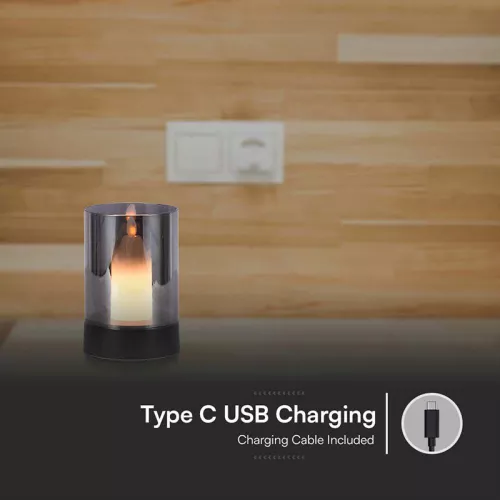 Lampa led cu acumulator Sticla fumurie efect flacara USB-C 2 W 110 lm ...