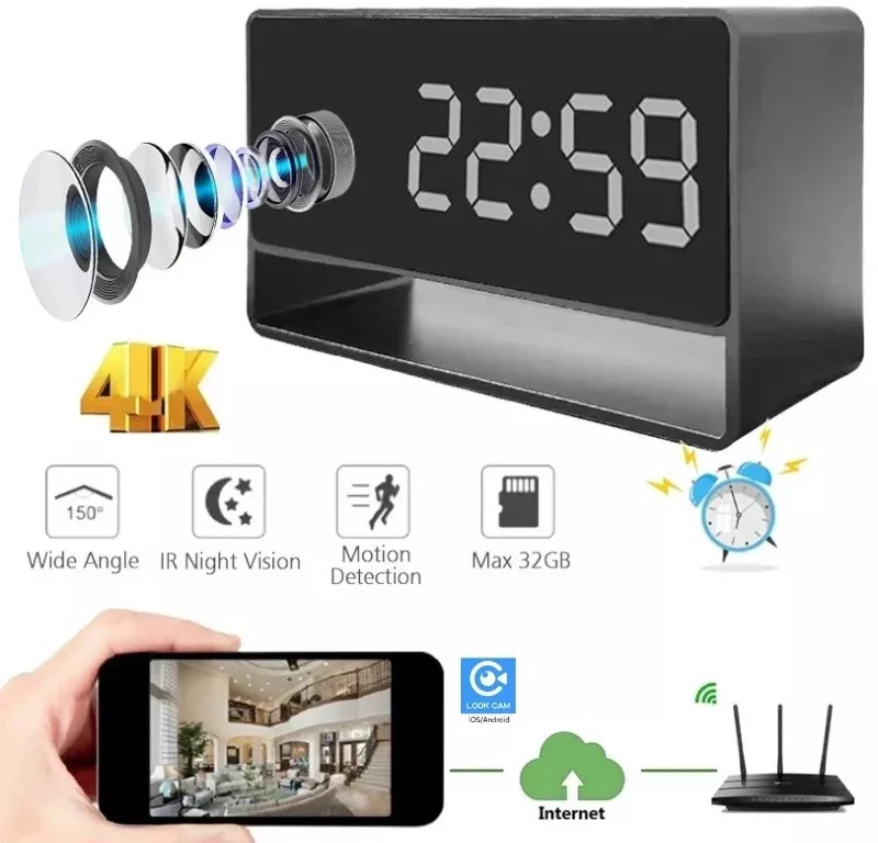 Camera Spion in ceas de birou iUni IP27 Mini Wi-Fi Vizualizare 4K Night ...