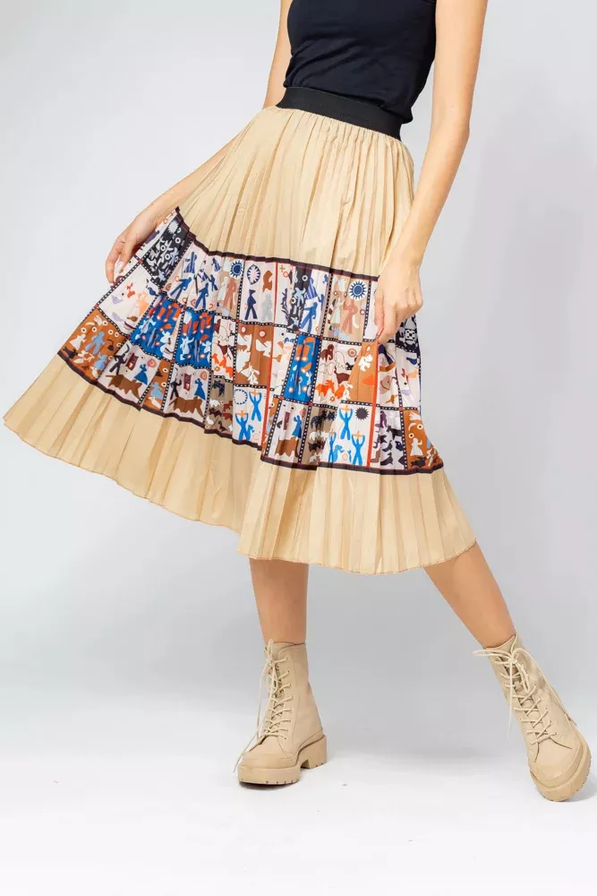 Fusta midi bej cu pliuri si desene colorate o1wp_706808983 - cel.ro