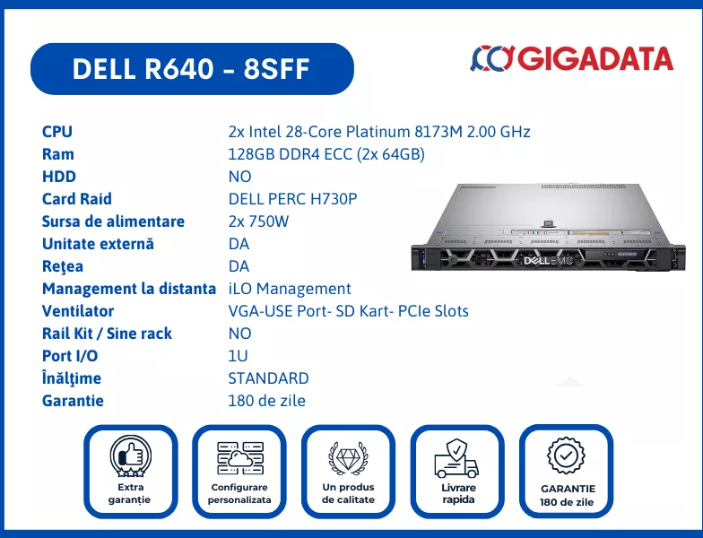 Server Dell PowerEdge R640 8SFF 2x Platinum 8173M 128GB DDR4 ECC H730P ...