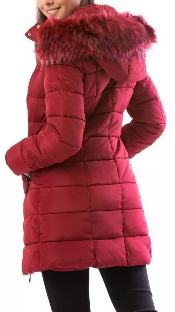 Geaca dama Alice cu gluga imblanita lunga poliester rosu inchis L/40 EU ...
