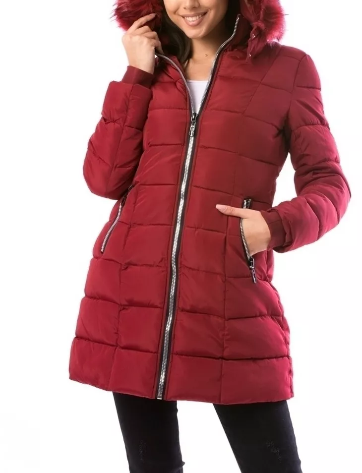 Geaca dama Alice cu gluga imblanita lunga poliester rosu inchis L/40 EU ...