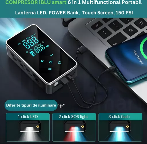 Compresor Auto Digital Portabil 6 in 1 iBLU smart Multifunctional ...