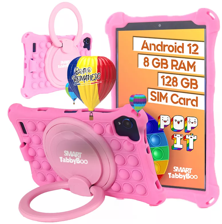 Tableta copii SMART TabbyBoo Popit 2025 128GB 8GB RAM SIM card si Wi-Fi roz