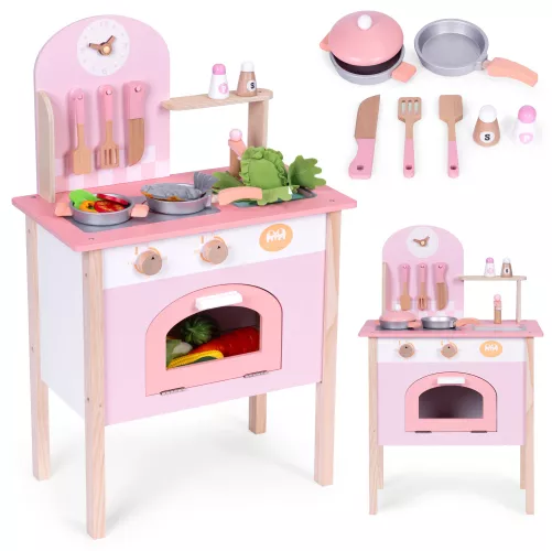Bucatarie copii Ecotoys lemn 8 accesorii roz KID003907 KID003907 - cel.ro