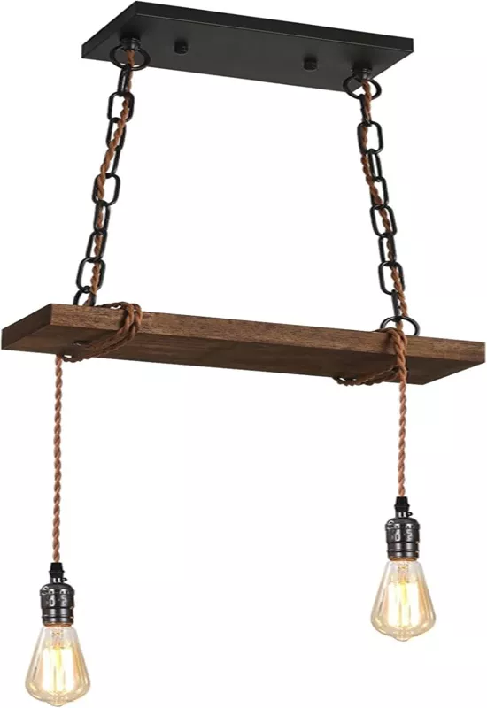 Lustra rustica din lemn cu 2 becuri lanturi ajustabile design vintage ...