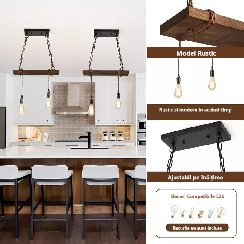 Lustra rustica din lemn cu 2 becuri lanturi ajustabile design vintage ...