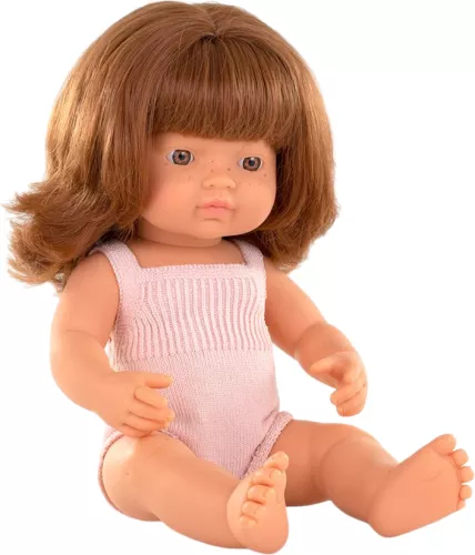 Papusa educativa 38 cm fetita roscata in salopeta roz corp parfumat ...