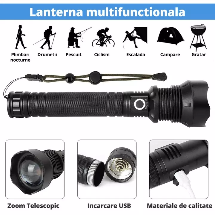 Lanterna Profesionala LED Puternic Incarcare USB ZOOM Reglabil 3fqc ...