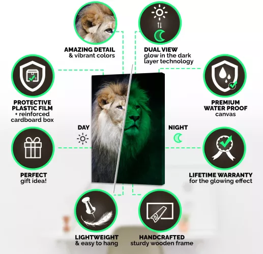 Tablou luminos in intuneric GlowforHome Portretul unui rege leu 60 cm x ...