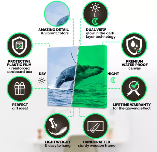 Tablou luminos in intuneric GlowforHome Balena cu cocoasa sarind din ...