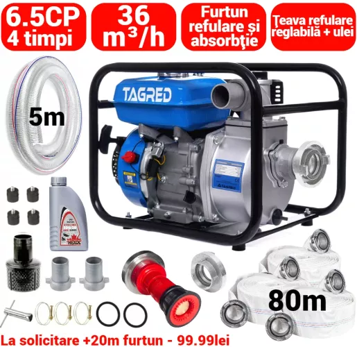 Motopompa benzina 6.5CP + furtun 80m refulare + 5m absorbtie + teava ...