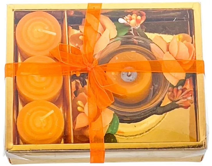 Set 4 lumanari cu vas si flori forma cadou portocaliu 12x15 cm lcvc ...