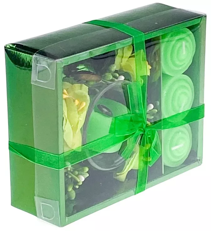 Set 4 lumanari cu vas si flori forma cadou verde 12x15 cm t0dm ...