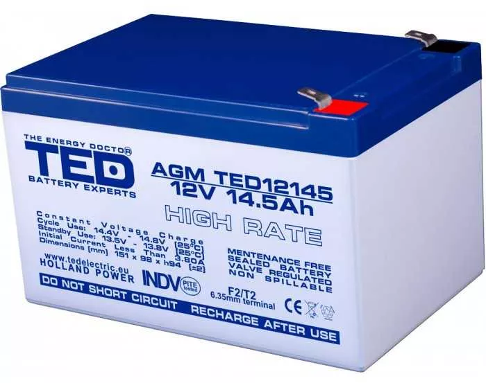 Acumulator 12V 14.5A AGM VRLA High Rate 151x98x95mm F2 TED Battery ...