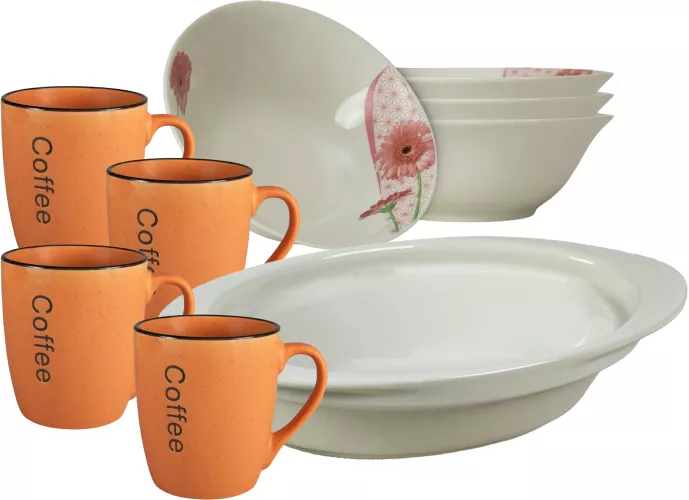 Set de masa 4 persoane 9 piese cana portocalie bol tava termorezistenta ...