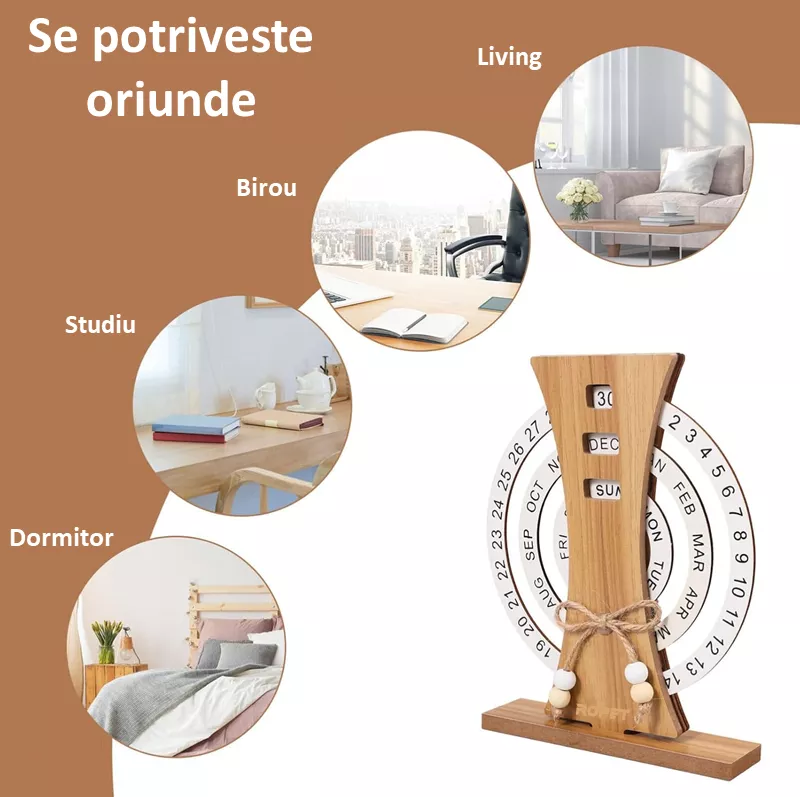 Calendar perpetuu decorativ din lemn Rustic Rotativ Pt Birou 17 x 20.5 ...