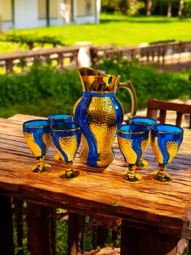 Set carafa albastra si 6 pahare din sticla 4442 - cel.ro
