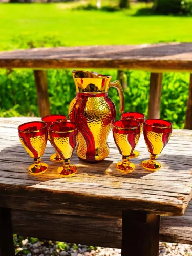 Set carafa rosie si 6 pahare din sticla 4443 - cel.ro