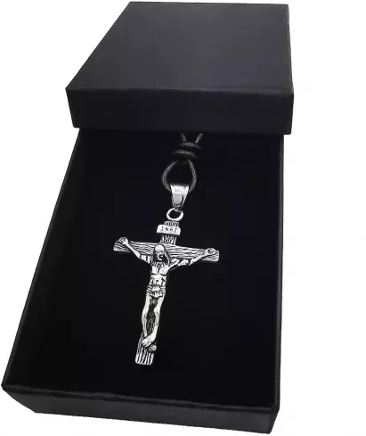 Cruciulita inox Isus Hristos Rastignit pe Cruce cu Snur negru din Piele ...